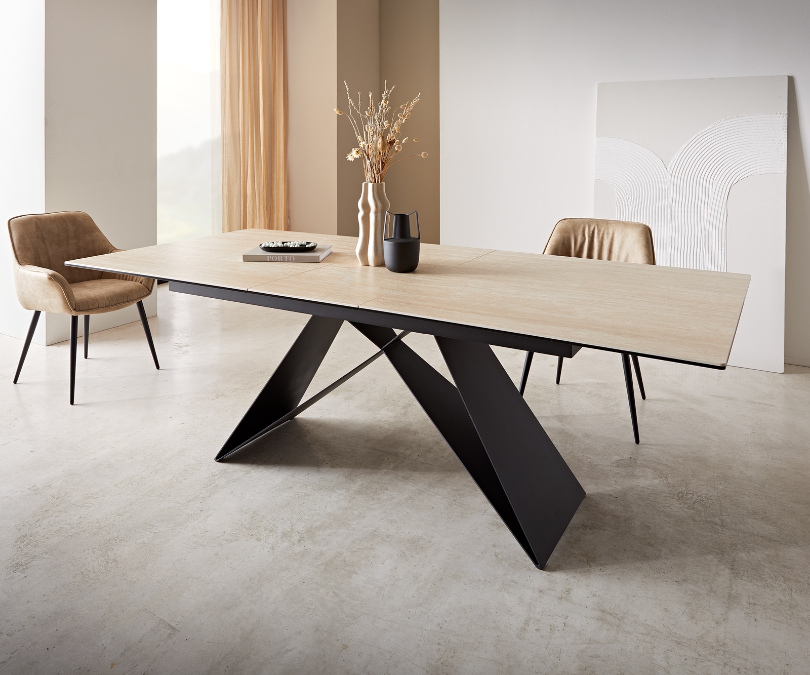 Table à manger Edge céramique Travertin nature 180-220x100 cadre en V ...