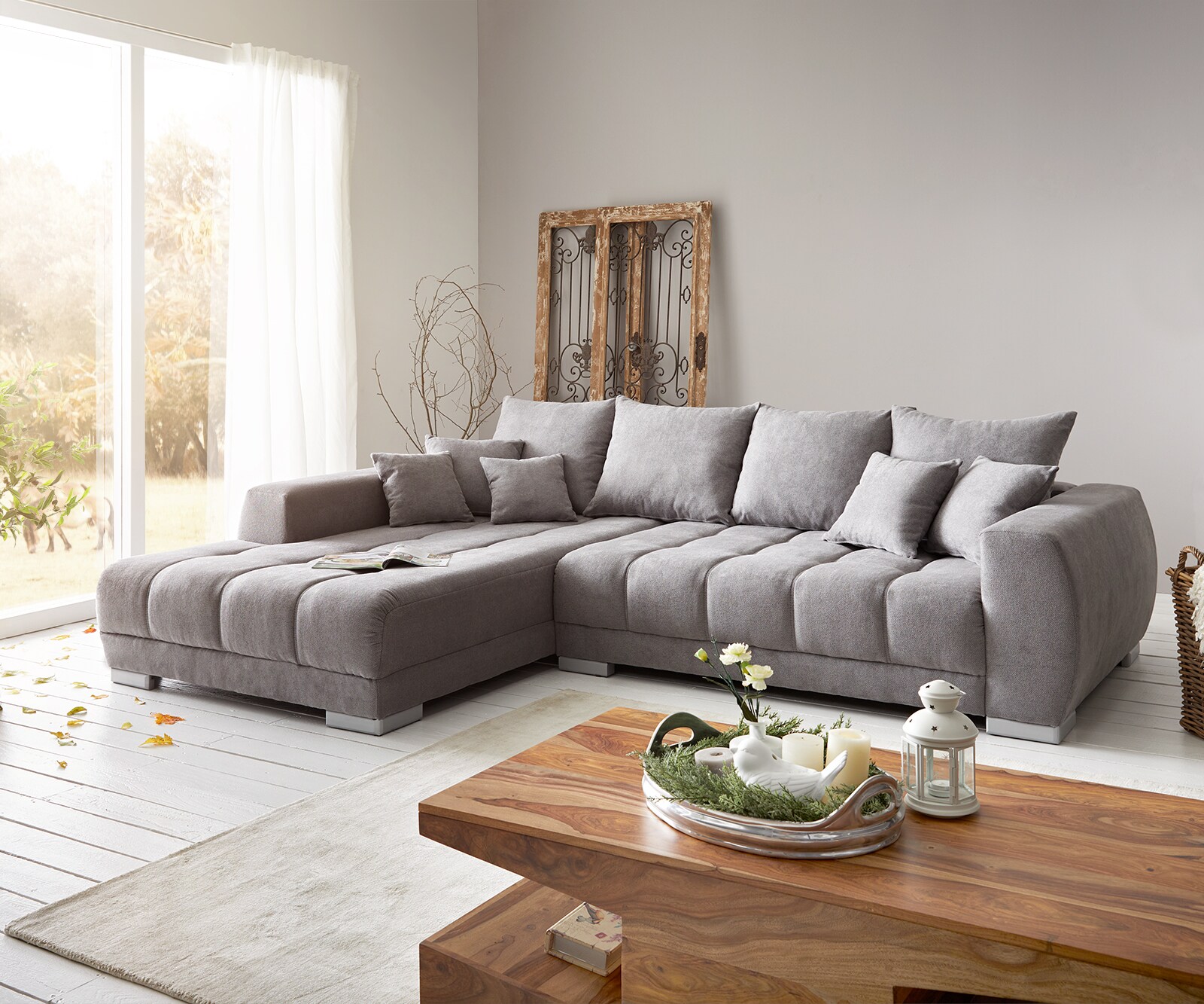Canapé Josea microfibre gris pierre 300x220 cm Recamière à gauche ...