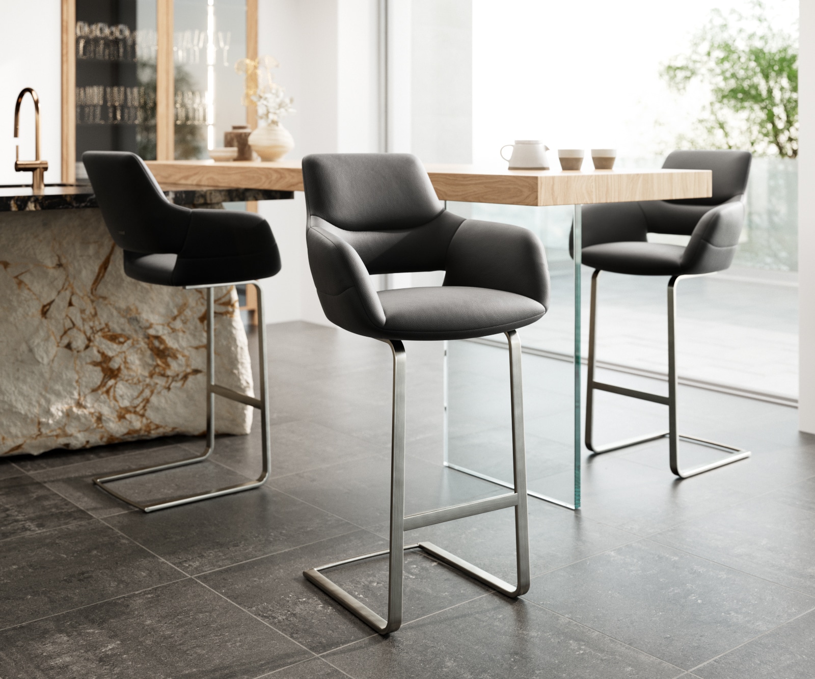 Chaise-de-bar Yago-Flex Piétement luge plat Acier inoxydable Cuir ...